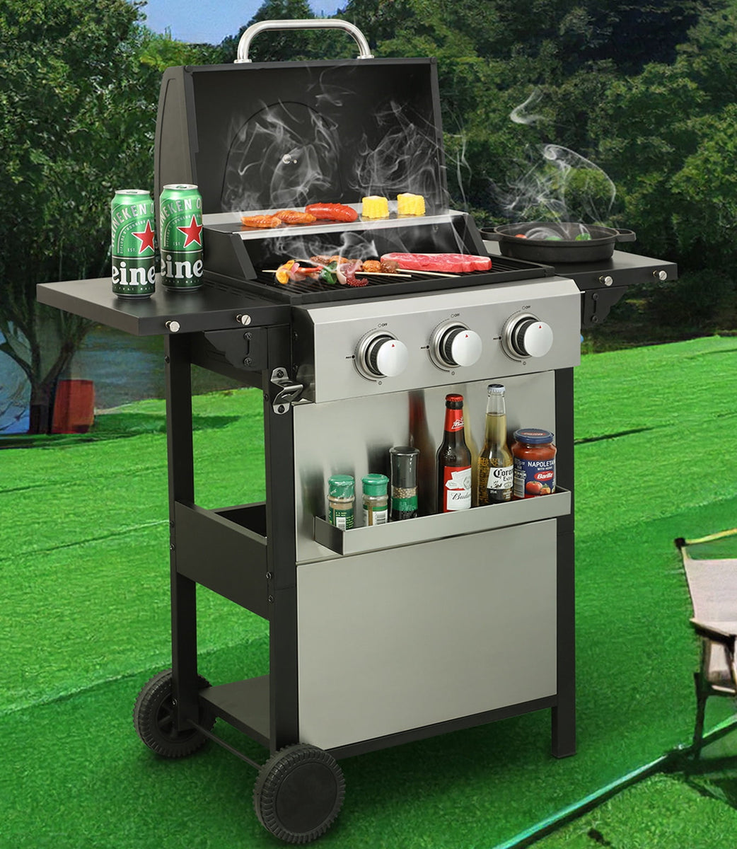 Seizeen Outdoor BBQ Grill w/Foldable Side Table, 3 Burners Propane Gas ...
