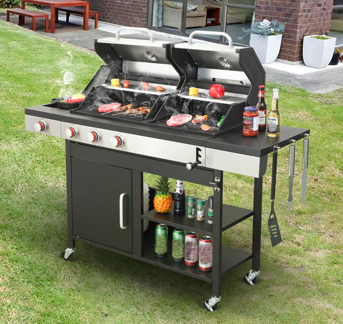 3-IN-1 Gas Grill Combo, Charcoal Grill Smoker Adjustable Height, 3-Bur ...