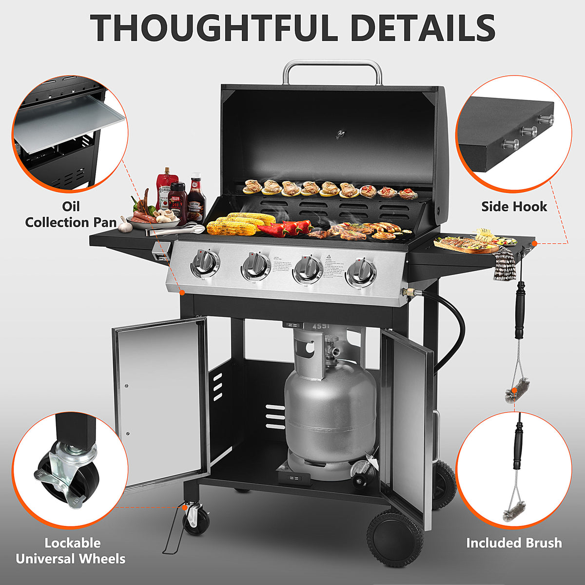 Upgraded Gas Grill W/Brush, 4-Burner Propane Grill Outdoor Barbecue w ...