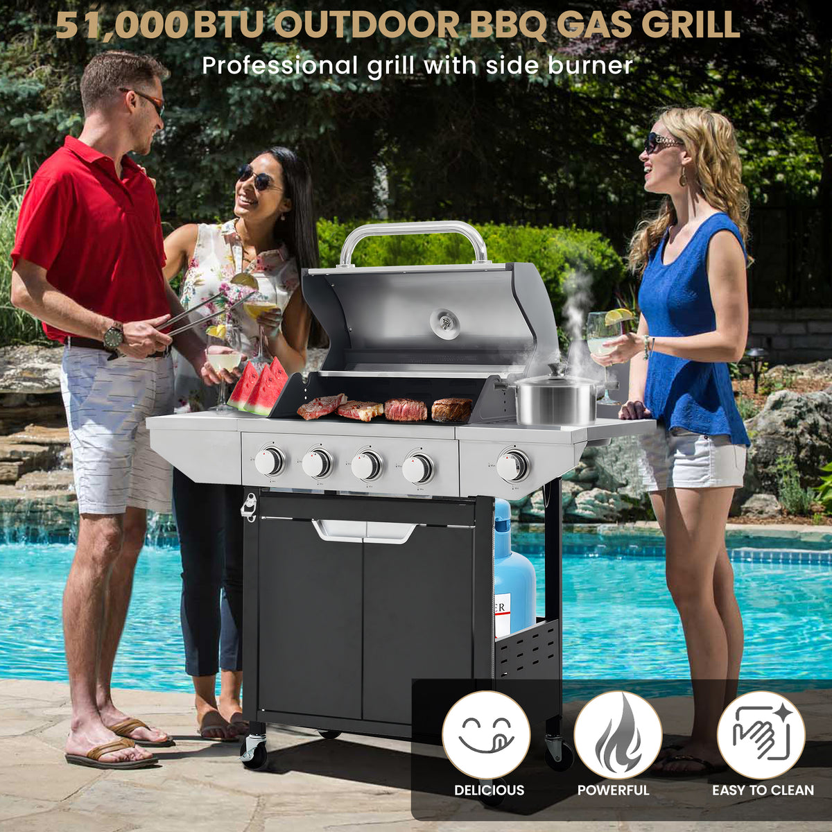 4 Burner Propane BBQ Grill with Side Burner, 46,790 BTU Stainless Stee ...