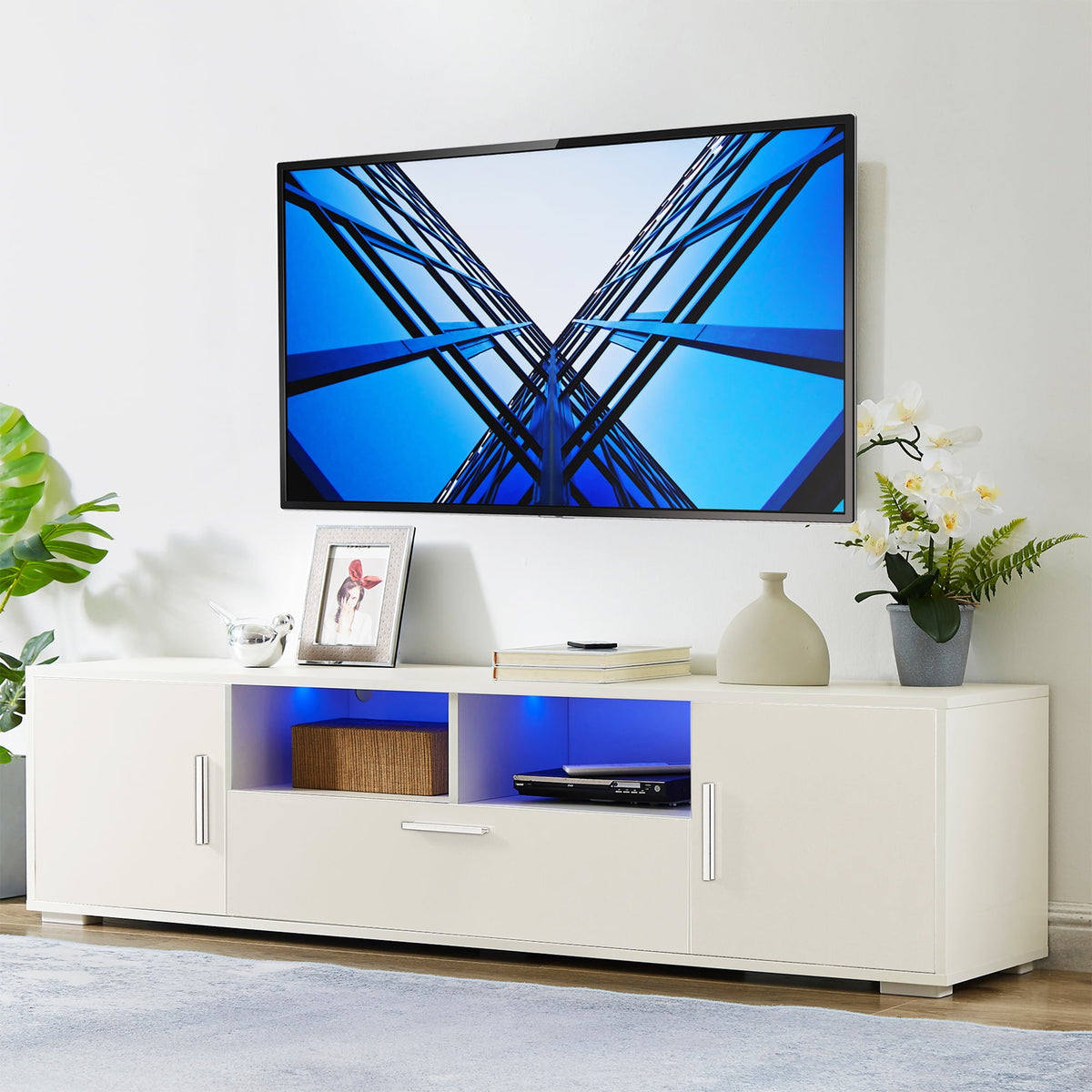 Modern TV Stand, White TV Table Stand With Led Backlight, Media Consol ...