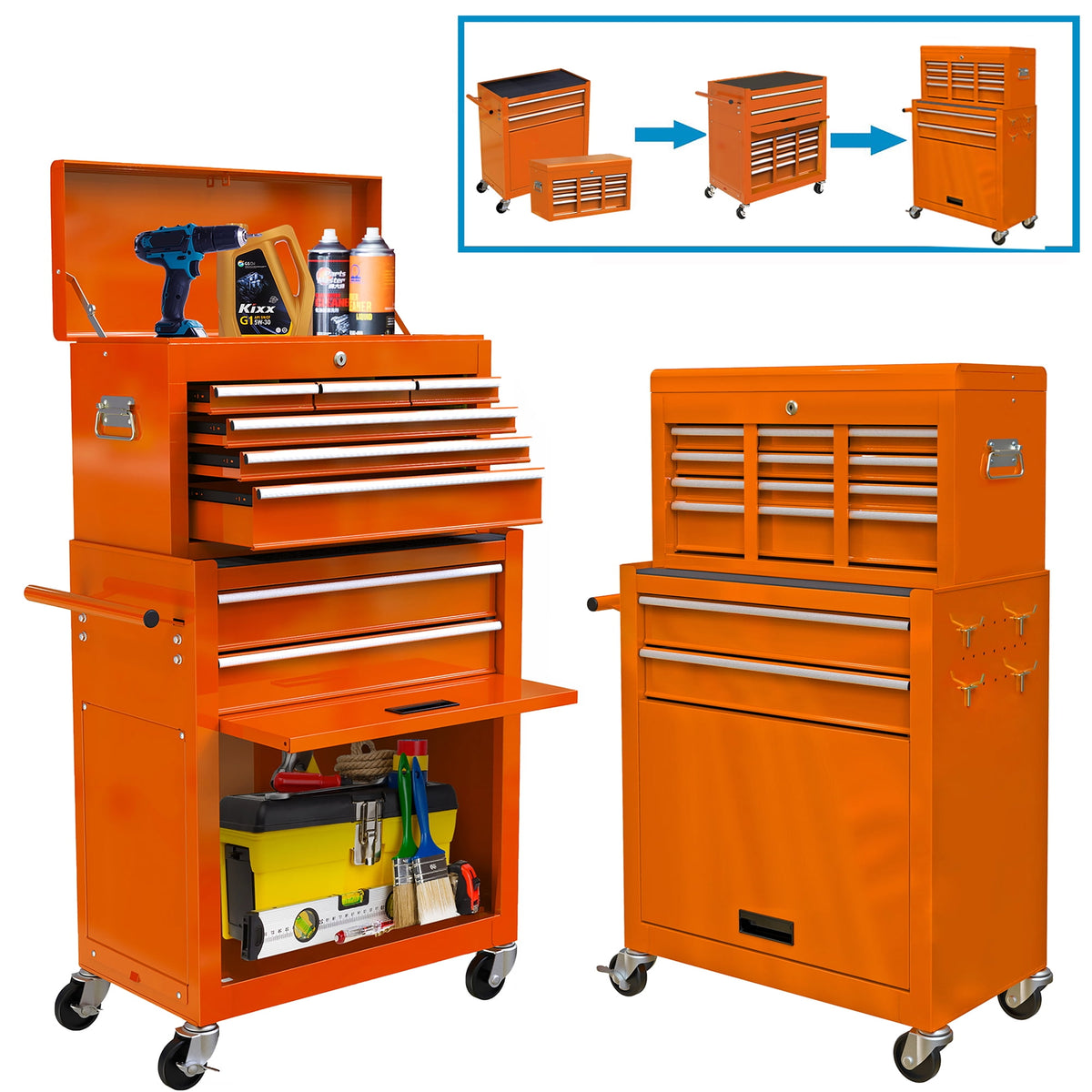 8-Drawer Tool Box on wheels, 2-IN-1 Rolling Tool Chest & Cabinet Large ...