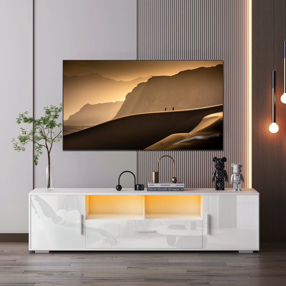 Led TV Stand 63 Inch, TV Console Cabinet Table W/LED Lights, Modern En ...